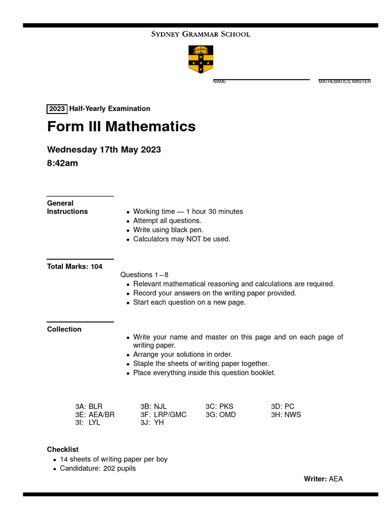 Sydney Grammar 2023 Year 9 Maths HY & Solutions | PDF | Square Root | Mathematical Concepts
