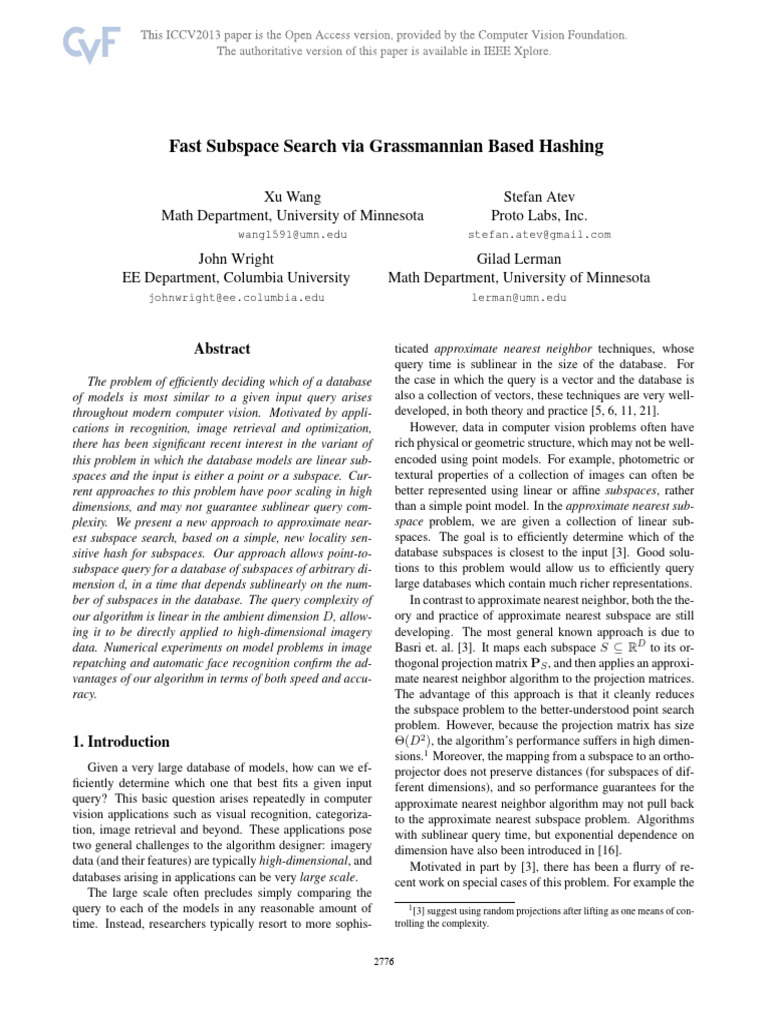 Fast Subspace Search Via Grassmannian Based Hashing | PDF | Databases | Matrix (Mathematics)