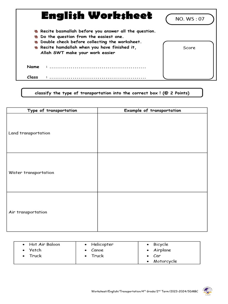 English Worksheet - 4th Grade Transportation - 7 | PDF | Transport ...