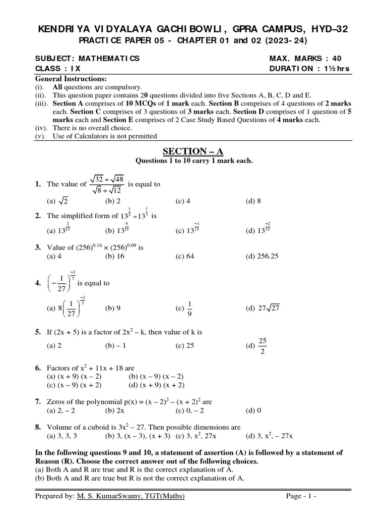 Class 9 Maths Practice Paper Chapters 1-2 | PDF | Numbers | Polynomial