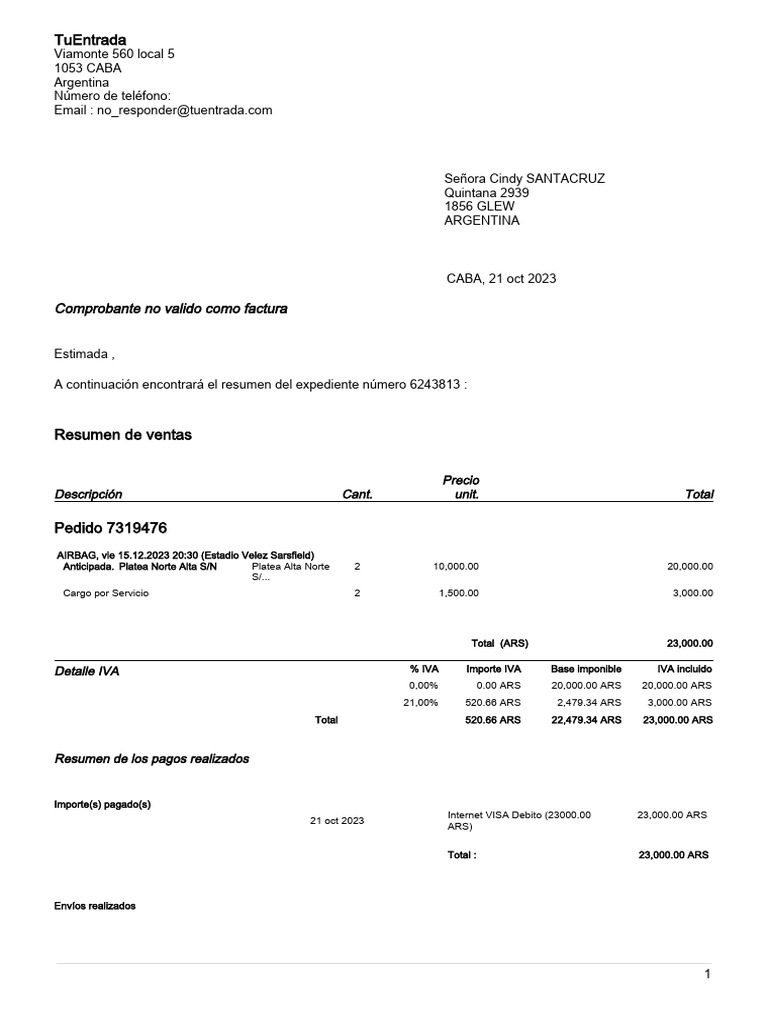 Tuentrada: Comprobante No Valido Como Factura | PDF