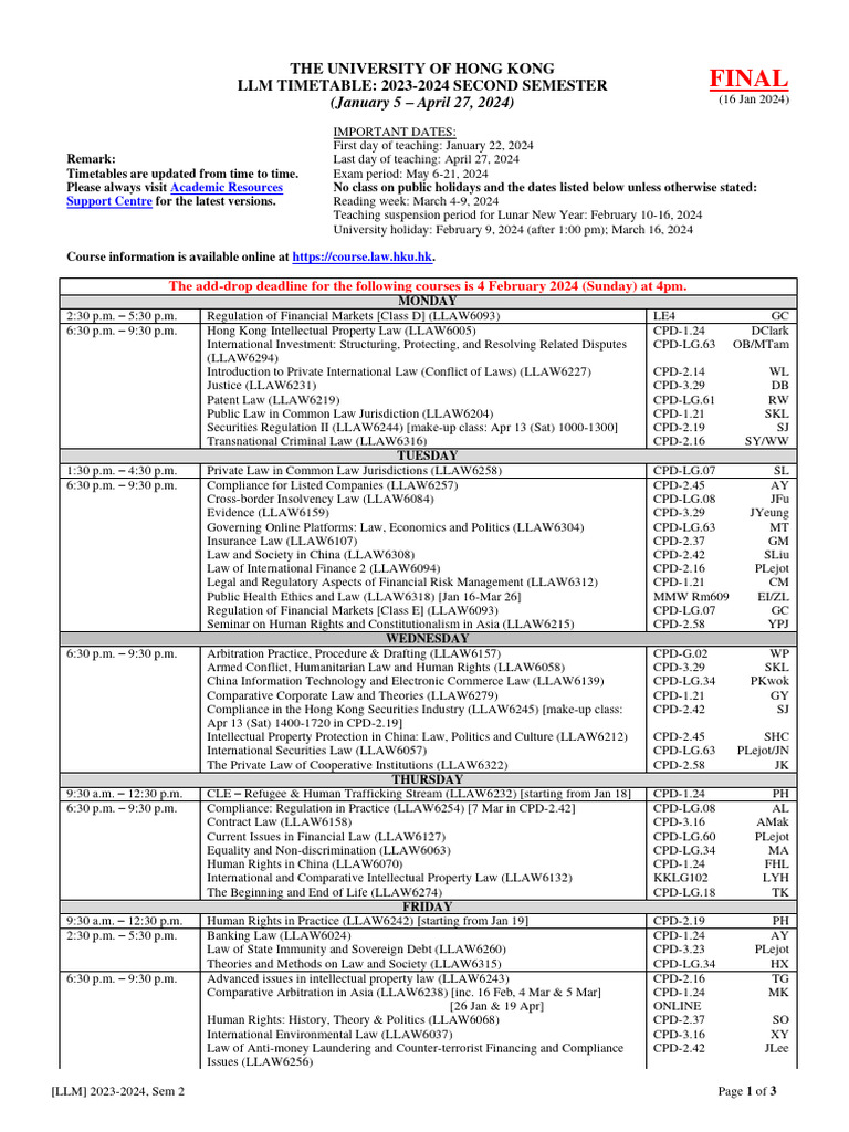 HKU LLM Semester 2 Timetable | PDF | Justice | Crime & Violence