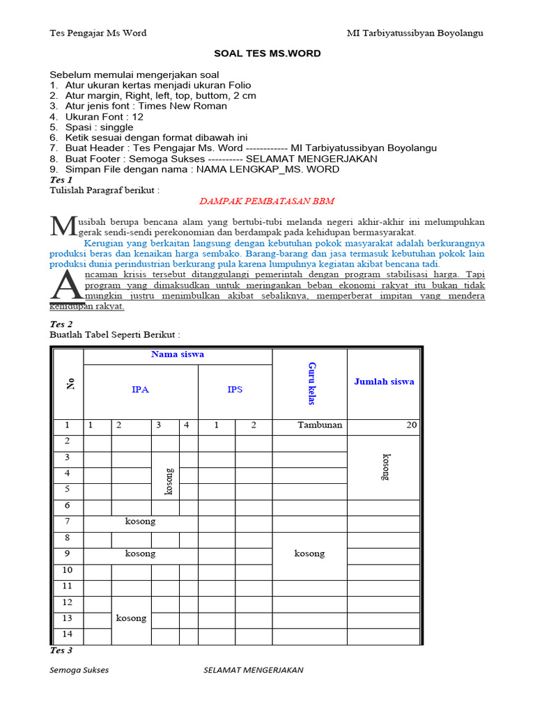 Soal Tes Ms Word | PDF