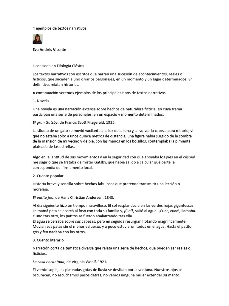 4 Ejemplos de Textos Narrativos | PDF