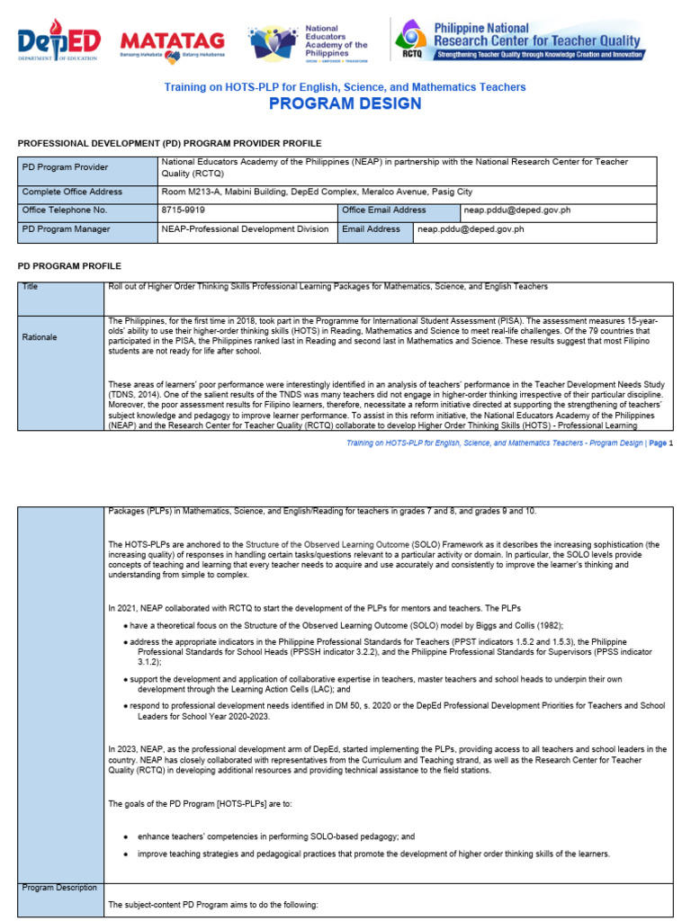HOTS-PLP PD Program Design | PDF | Pedagogy | Learning