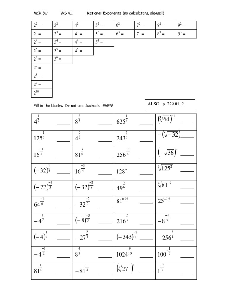 Rational Exponents Worksheet | PDF | Mathematics | Arithmetic