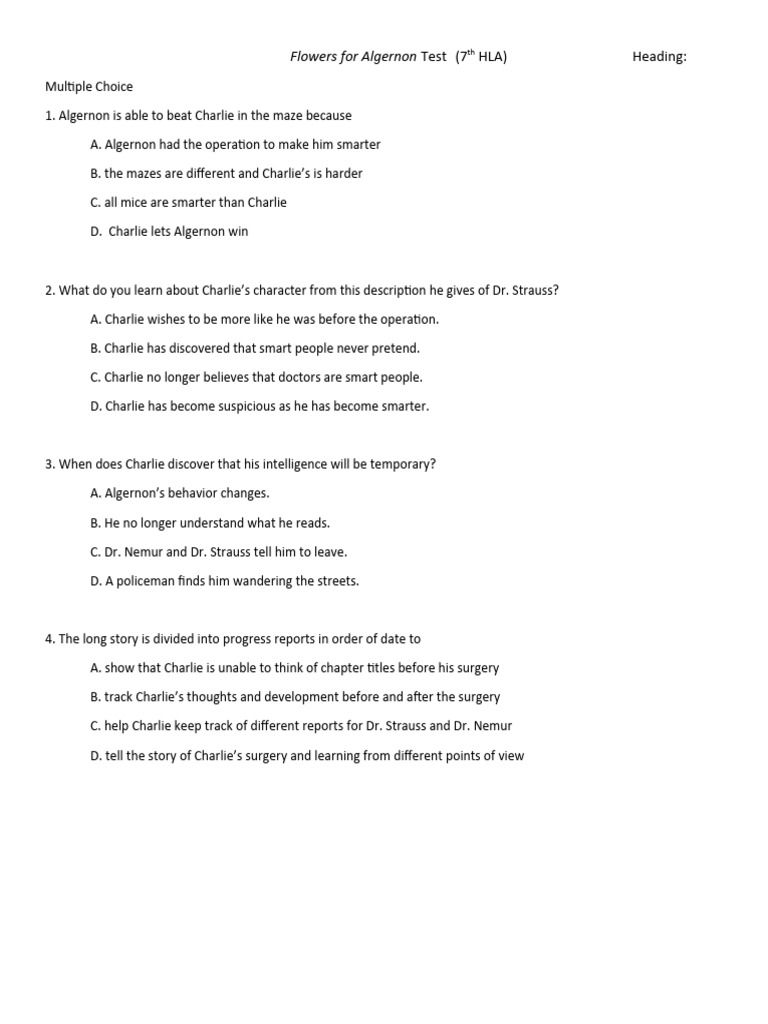 Flowers For Algernon Quest | PDF | Narration | Cognitive Psychology