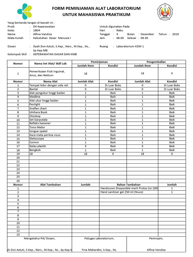 Form Peminjaman Alat Laboratorium Keperawatan | PDF