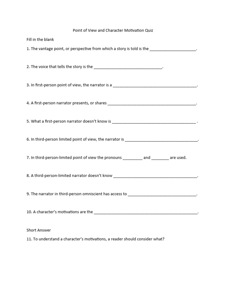 Point of View and Character Motivation Quiz | PDF