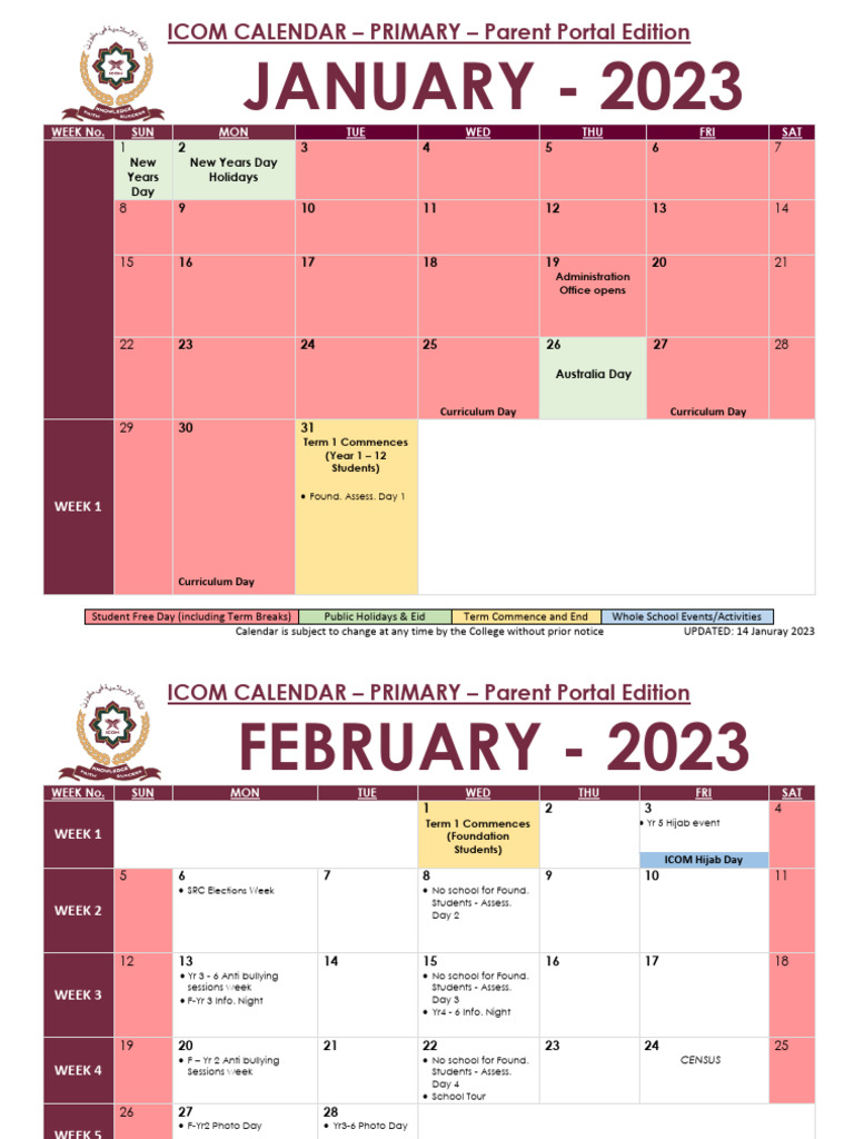 Primary - ICOM - Calendar - 2023 - Parent Portal | PDF | Academic Term ...