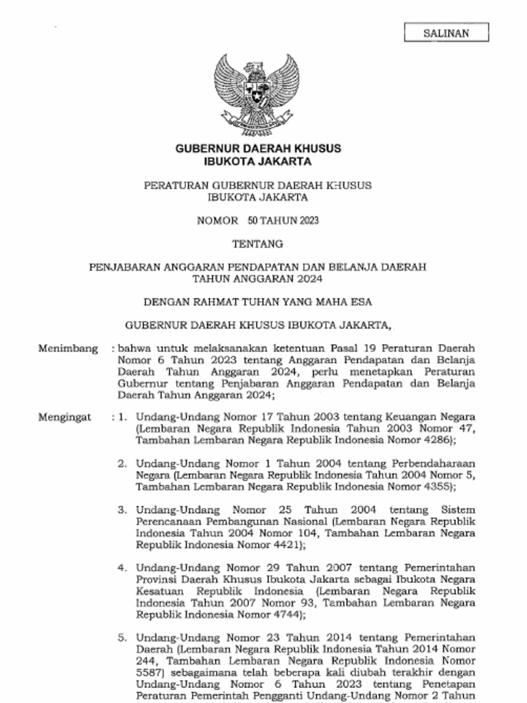 Peraturan Gubernur No 50 Tahun 2023 Penjabaran Apbd Ta 2024 Pdf