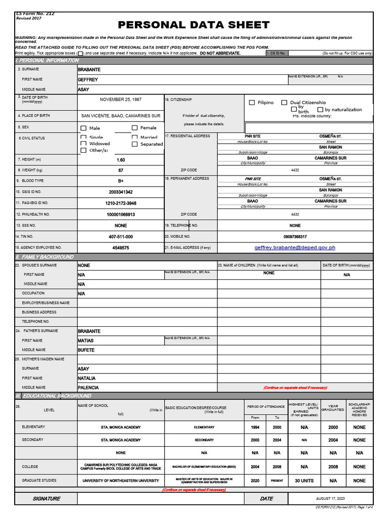 CS-Form-No.-212-PDS GEFFREY A. BRABANTE | PDF | Government