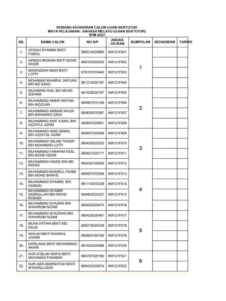 Borang Kehadiran Ubbm - 2023 | PDF