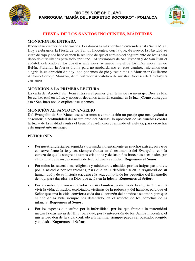 Monición para la Fiesta de Santos Inocentes | PDF | Misa (liturgia ...