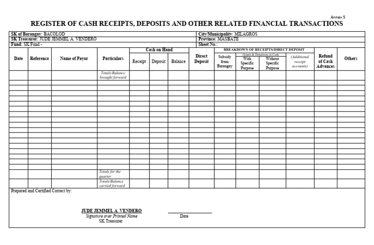 Cash Receipts Register for SK Fund | PDF