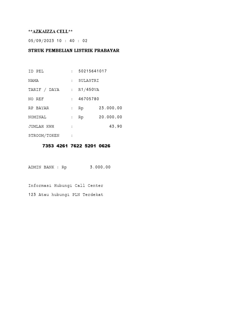 Struk Pembelian Listrik Prabayar 450VA | PDF