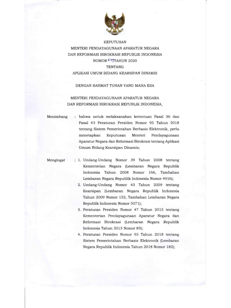KEP MENPAN RB No. 679 Tahun 2020 (Aplikasi Umum Bidang Kearsipan Dinamis) | PDF