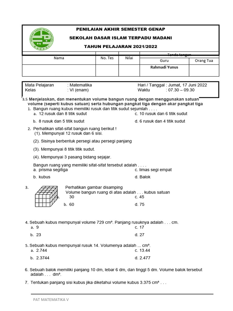 Soal PAT Matematika Kelas 5 Finis 3 | PDF