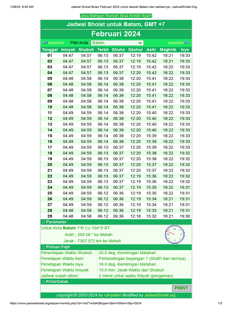 Jadwal Sholat Bulan Februari 2024 Untuk Daerah Batam Dan Sekitarnya | PDF