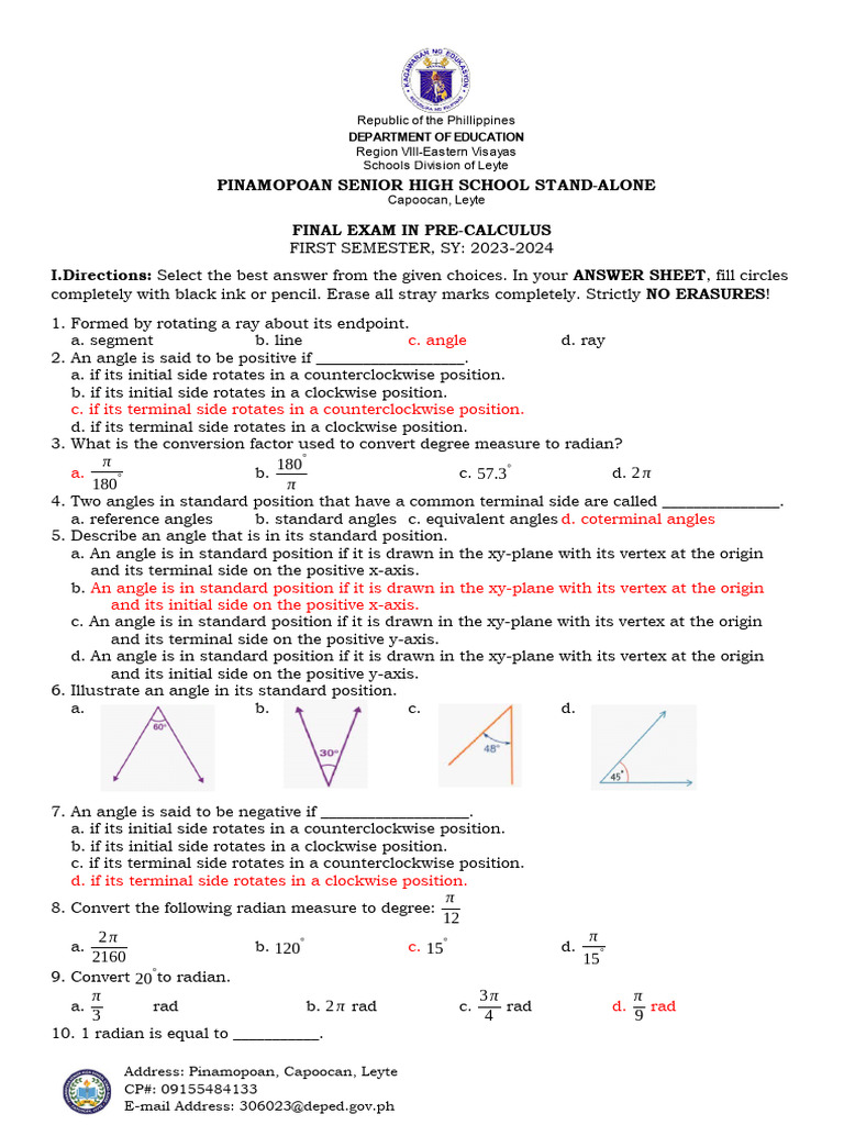 Final Exam in Pre-Calculus | PDF | Trigonometric Functions | Angle