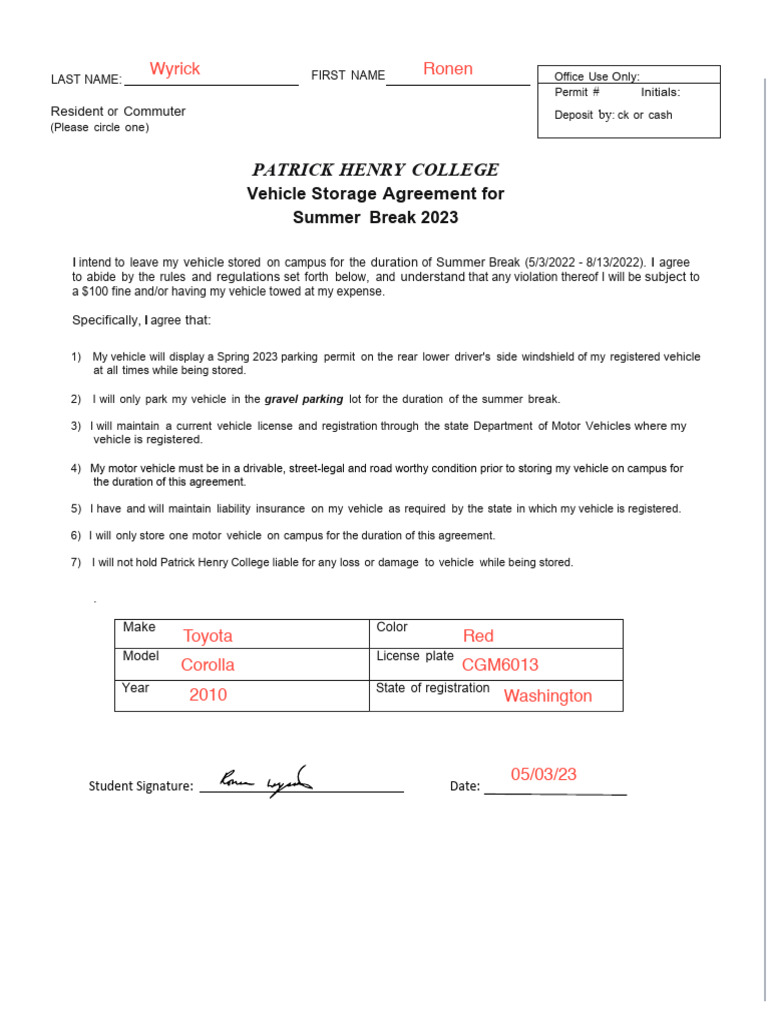 Car Storage Form | Download Free PDF | Vehicles | Transport