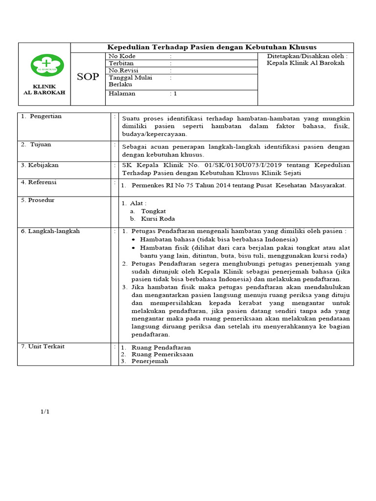 SOP Pasien Berkebutuhan Khusus | PDF | Pengembangan Diri | Kesehatan Holistik