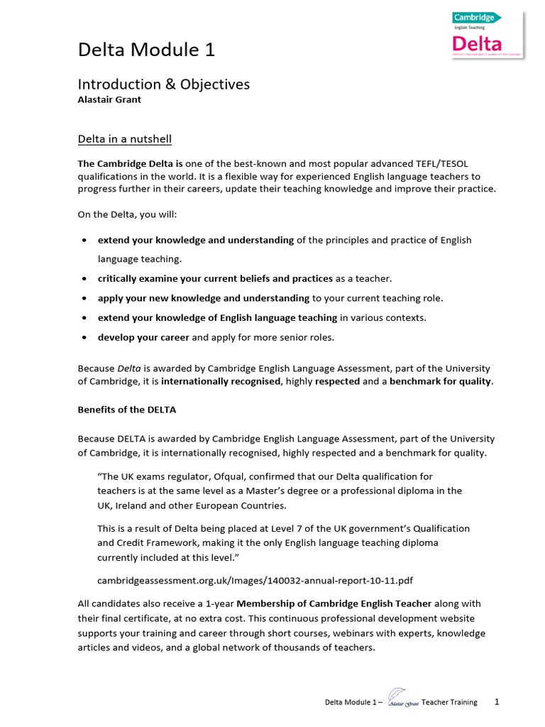 Delta 1 - Introduction and Objectives | PDF | Language Education | Learning