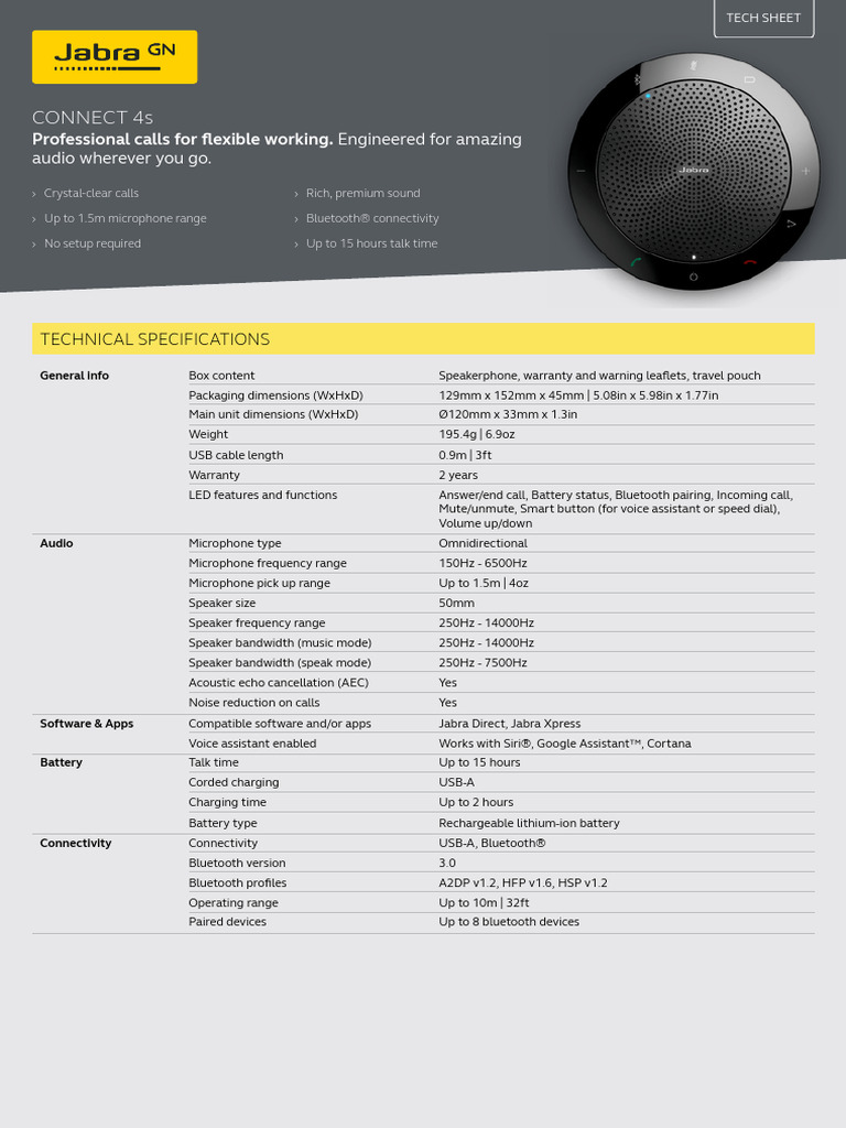 EN Jabra Connect 4s Tech Sheet A4 090921 | PDF | Bluetooth | Usb
