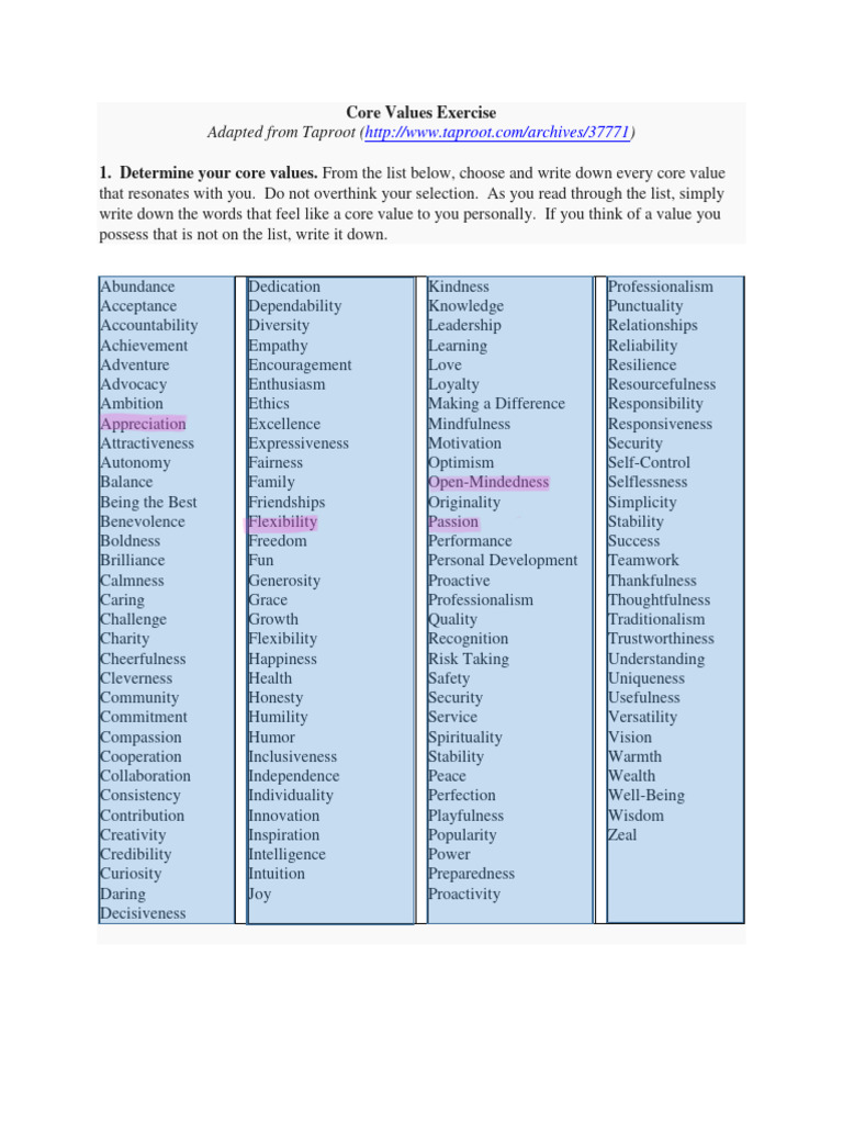 Core Values Exercise | PDF | Happiness | Altruism