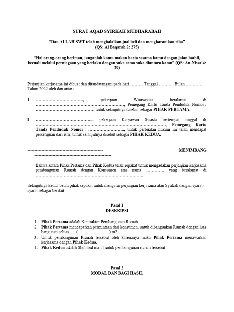 Contoh Aqad Syirkah Pembangunan Rumah MPC | PDF