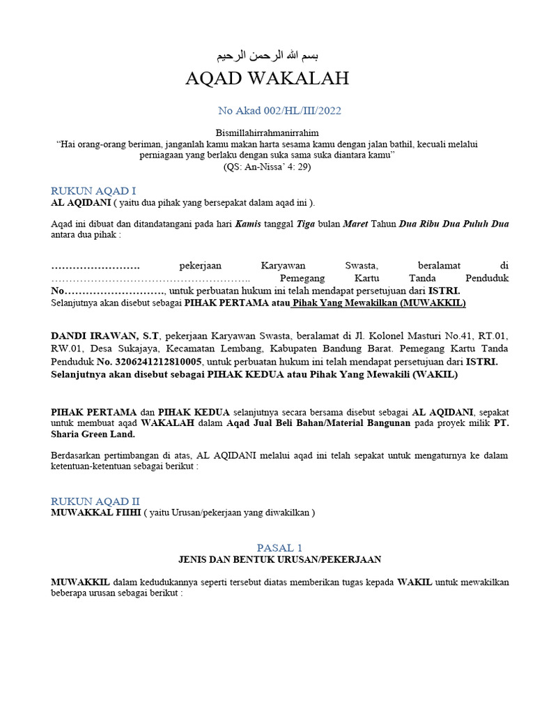 Contoh Aqad Murabahah Material MPC | PDF