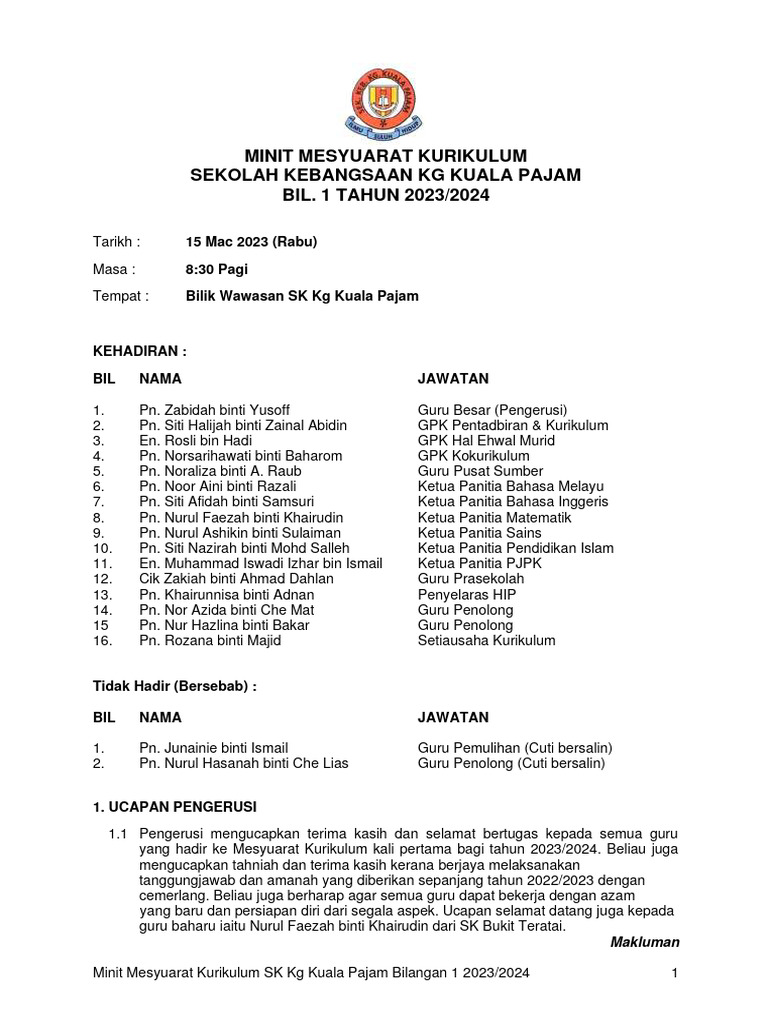 Minit Kurikulum Bil 1 Tahun 2023 | PDF