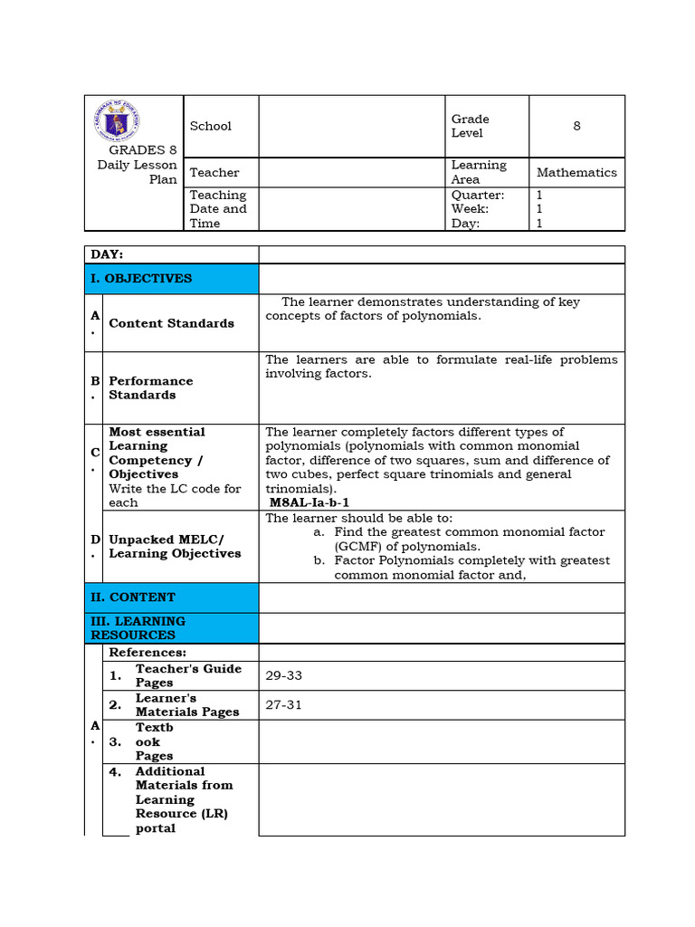Math 8 Q1 W1 D1 | PDF | Factorization | Polynomial