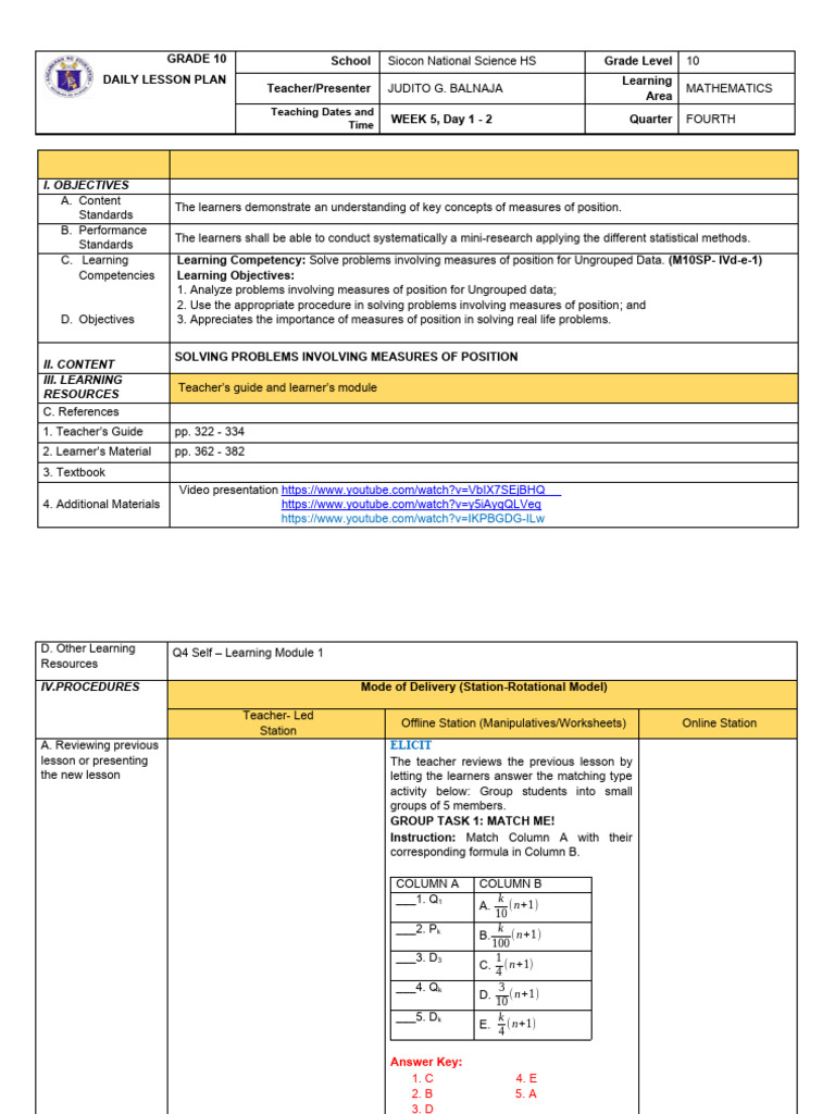 Grade10 Mathematics DLP Week 5 Day 1 2 | PDF | Learning | Teachers