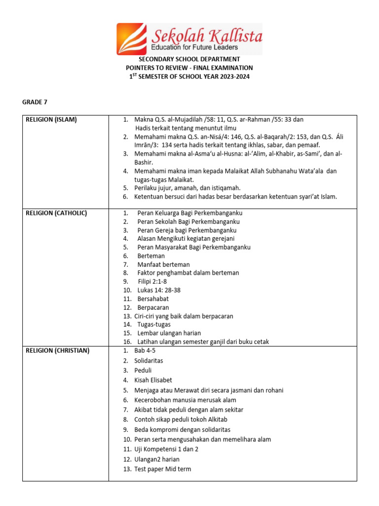 Grade 7 - Pointers - Final Examination - 1st Semester of School Year ...