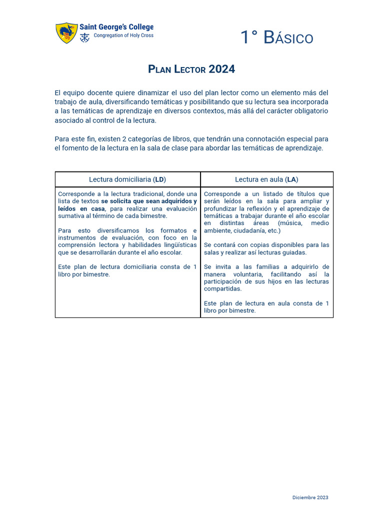 1° Lista Plan Lector 2024 | Descargar gratis PDF | Salón de clases | Pedagogía