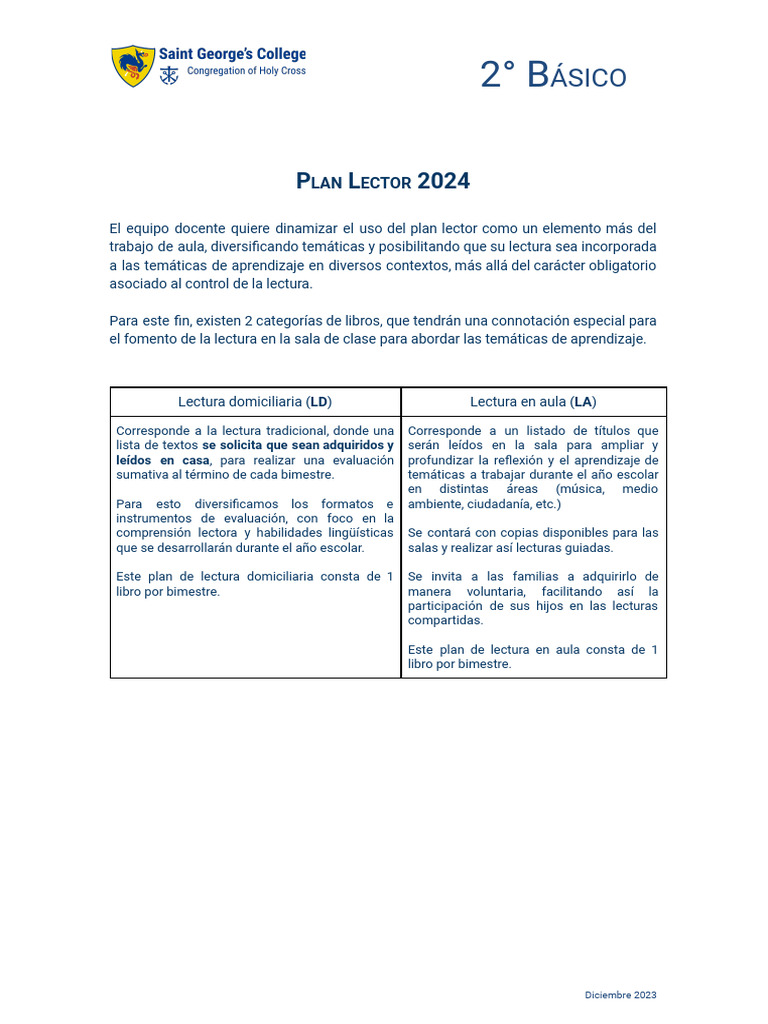 Plan Lector 2024 para 2° Básico | PDF | Salón de clases | Metodos de aprendizaje
