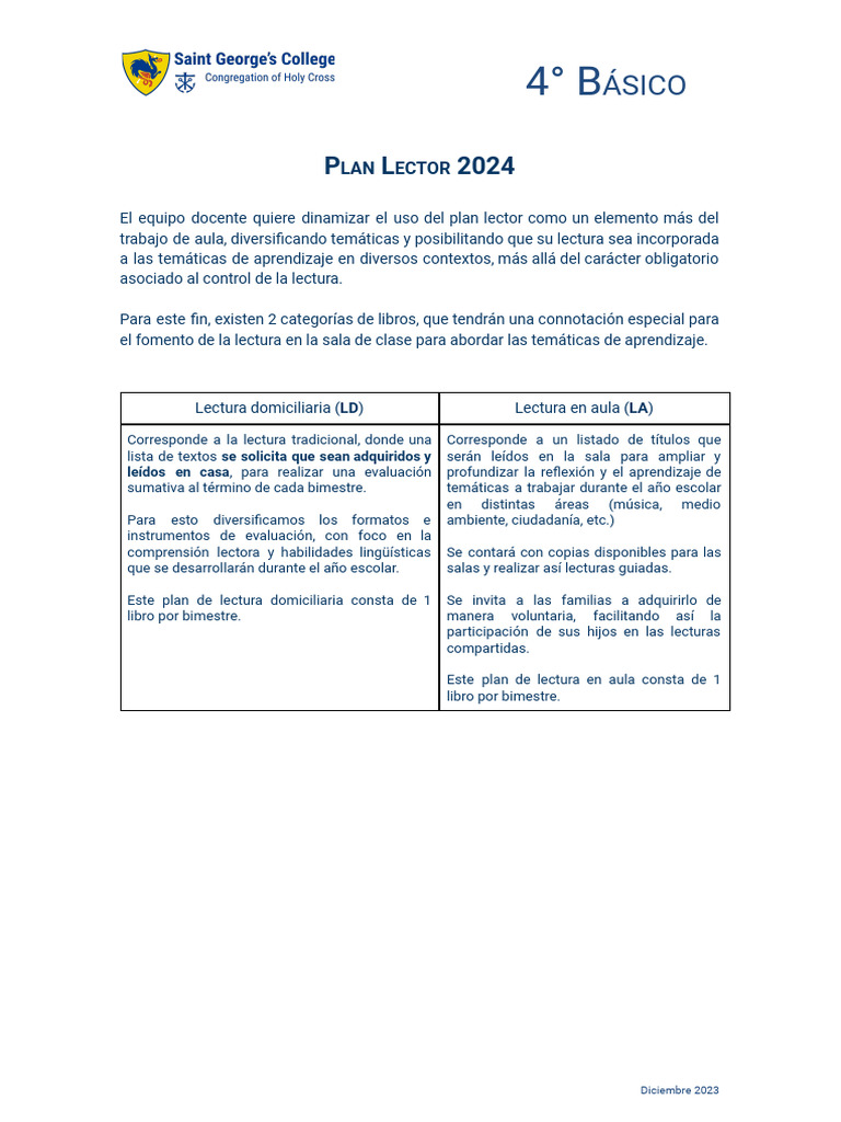 4° Lista Plan Lector 2024 | PDF | Pedagogía | Comunicación humana