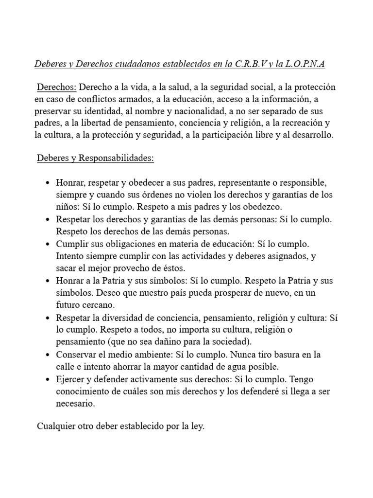Deberes y Derechos LOPNA y CRBV | PDF | Política | Ciencias sociales