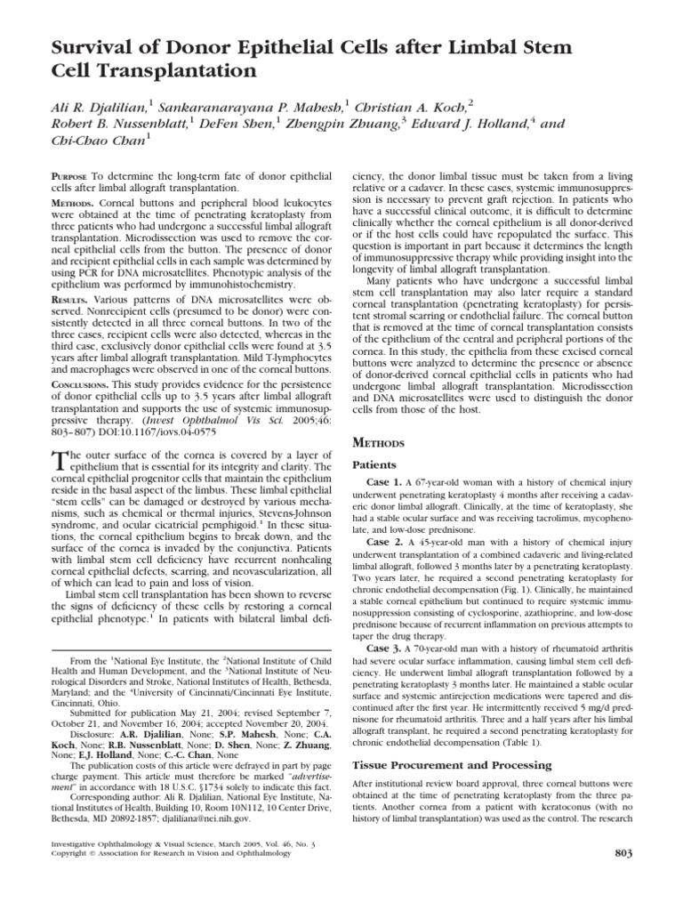 Survival of Donor Epithelial Cells After Limbal Stem Cell ...