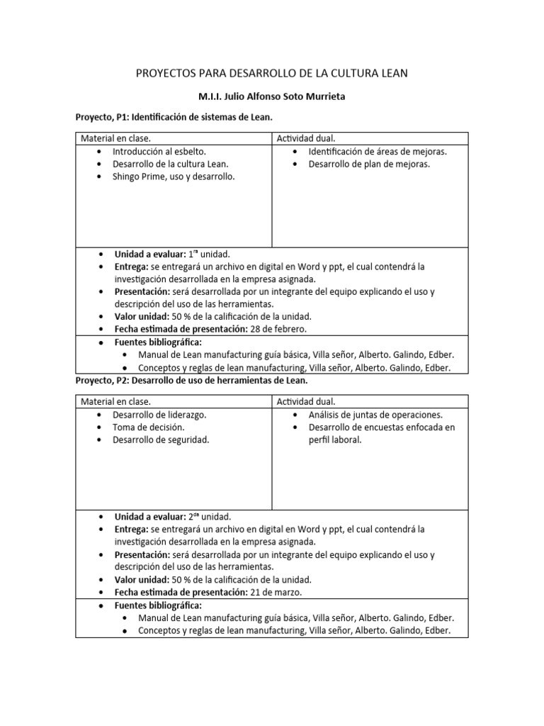 Proyectos para Desarrollo de La Cultura Lean | PDF | Lean Manufacturing ...