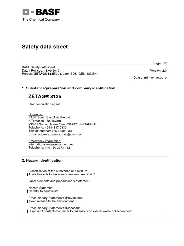 MSDS-Zetag 8125 | PDF