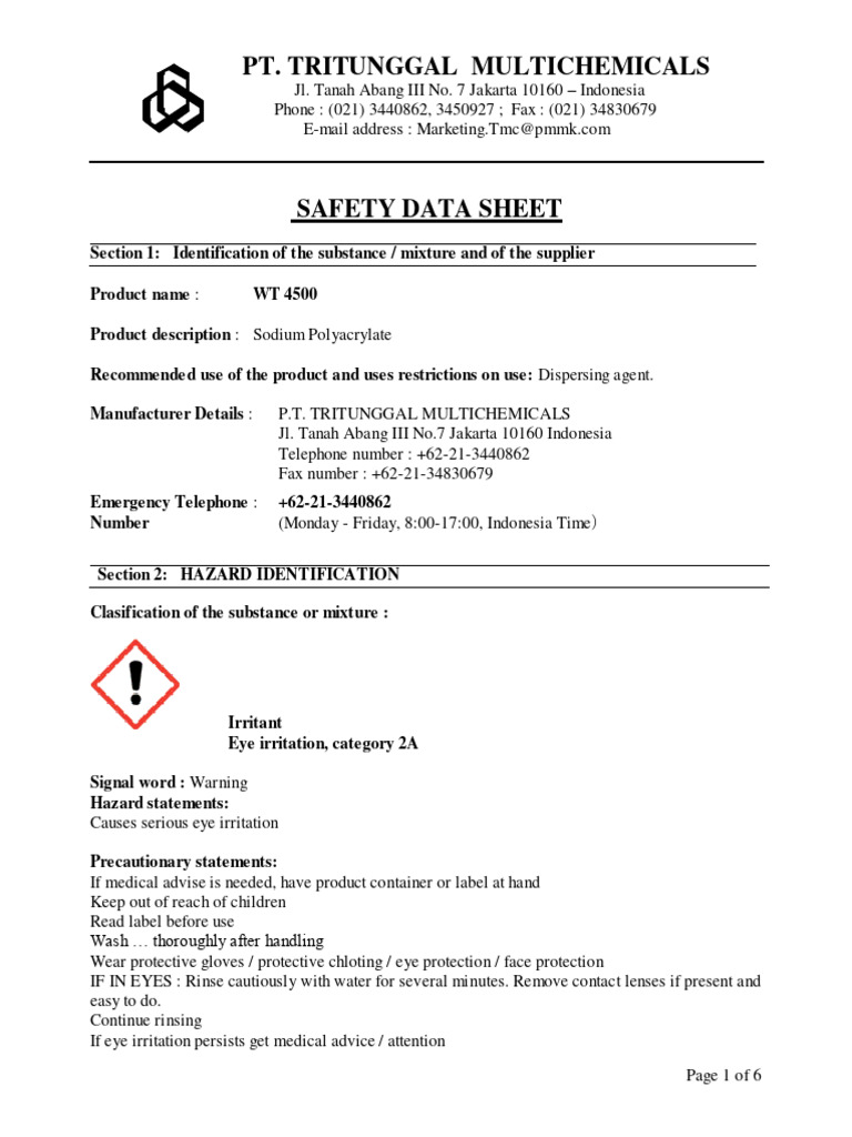 MSDS-WT 4500 | PDF | Chemistry | Occupational Safety And Health