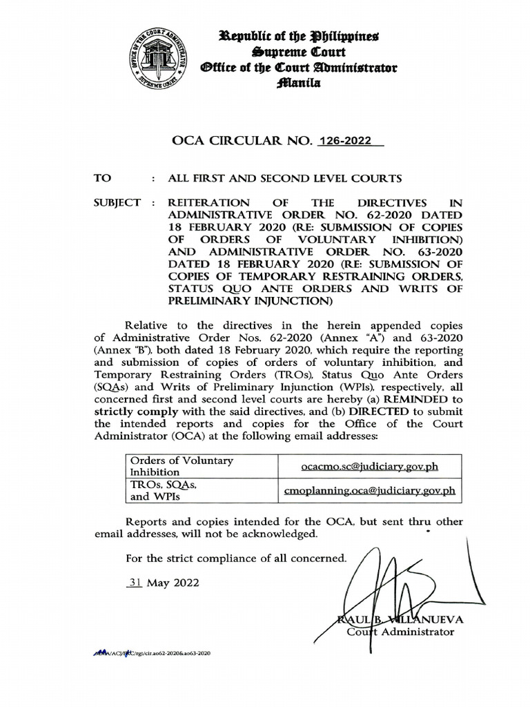 OCA Circular No. 126 2022 | Download Free PDF | Injunction | Judge