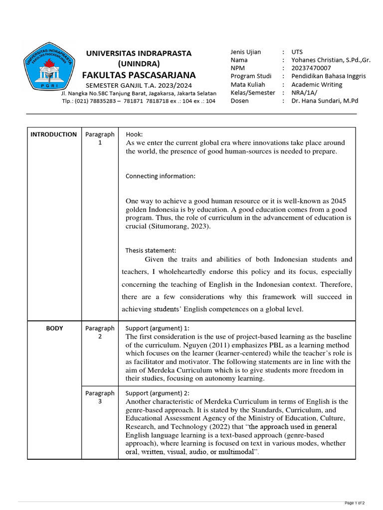 UTS ACADEMIC WRITING - YOHANES CHRISTIAN (2023747007) | PDF