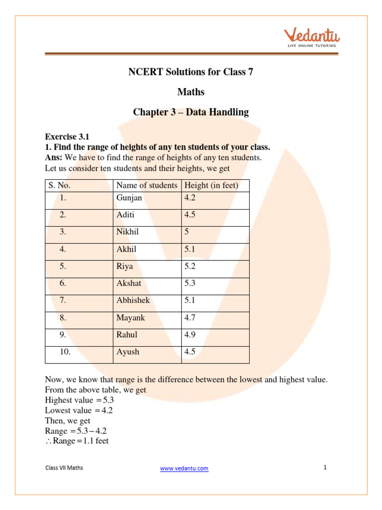 NCERT Solutions For Class 7 Maths Chapter 3 - Data Handling - . | PDF | Mode (Statistics) | Mean