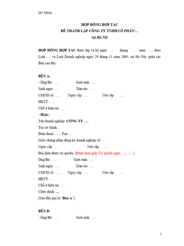 Hop Dong Hop Tac - Form | PDF