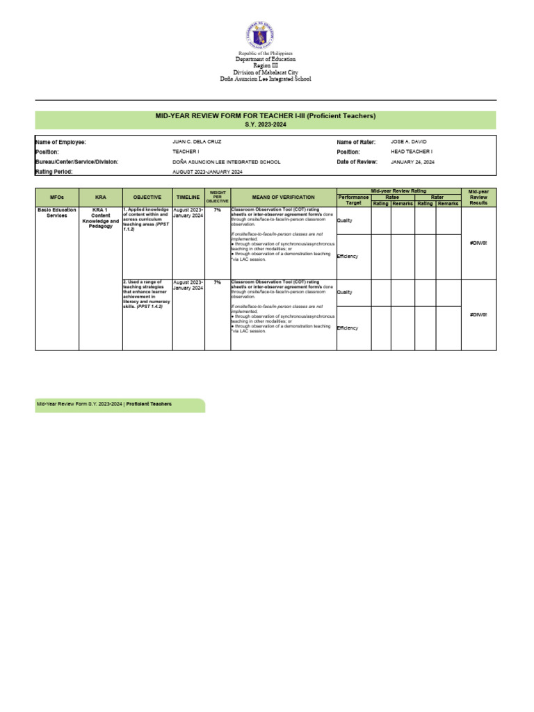 Mid Year Review Form Sy2023 2024 | PDF | Goal | Learning