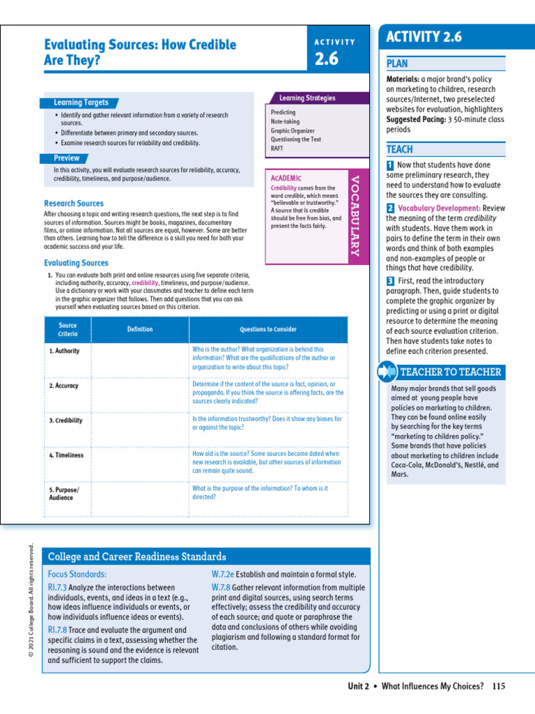 SpringBoard ELA G7 - Unit-2-What Influences My Choices-2.6 | PDF | Credibility | The New York Times