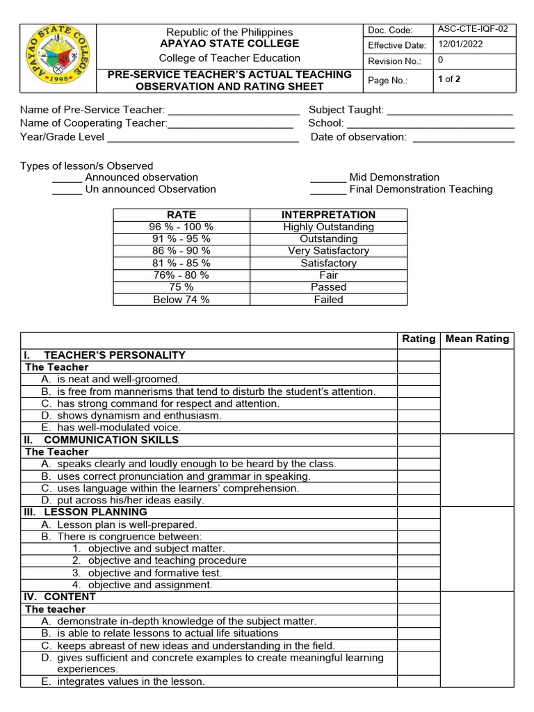 Pre Service Teachers Actual Teaching Observation and Rating Sheet | PDF ...